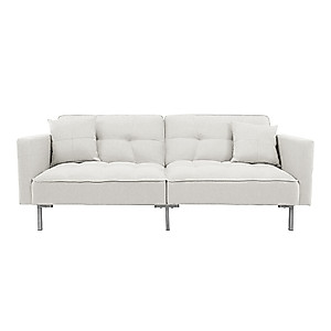 Majnesvon Linen Convertible Futon Sofa Bed, 2-in-1 Sleeper with 2 Pillows, 3 Adjustable Angles for Backrest, Living Room Couch 5 Sturdy Metal Legs, Upholstered Loveseat Home, (White)