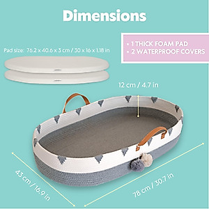 Vesta Baby Woven Cotton Rope Moses Changing Basket Set - Nursery Dresser Table Topper with Soft Foam Pad & 2 Natural Bamboo Waterproof Covers for Easy Diaper Change - Neutral Boho Gray & Beige Décor