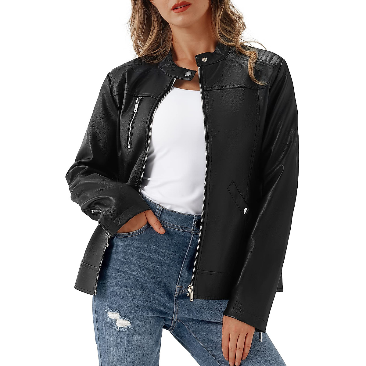 URBEST Women's Faux Leather Jacket Black Motorcycle Moto Biker Short Coat