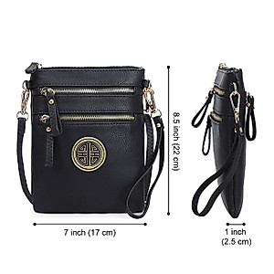 Solene Women's Faux Leather Organizer Multi Zipper Pockets With Detachable Wristlet Crossbody Bag -WU002L (Black)