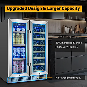 Wine and Beverage Refrigerator, 24 Inch Beverage Cooler Dual Zone with Glass Door, Built-in/Freestanding Beverage Fridge with Upgraded 20 Bottles and 60 Cans Large Capacity