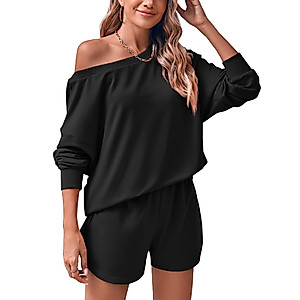 Fisoew Womens 2 Pieces Pajama Sets Long Sleeve Crop Top and Wide Leg Pants Set Black