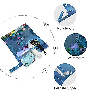 2pcs Underwater Dolphins Cloth Diaper Wet Dry Bag Waterproof Reusable Wet Dry Organizer,Sea Fishes Coral Washable Wet Bag with Two Zippered Pockets for Travel Beach Gym Swimsuits Toiletries