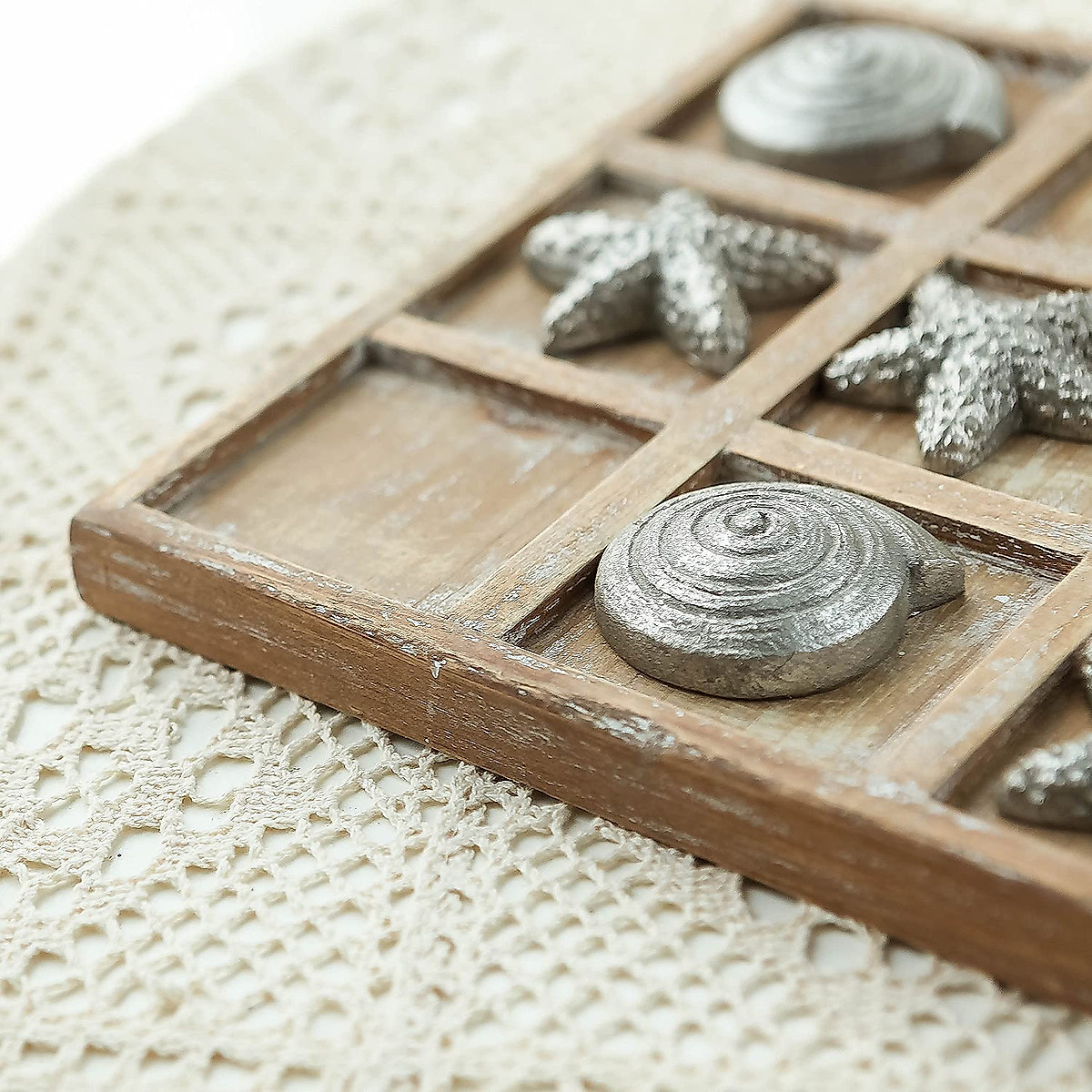 NIKKY HOME Wood Board Travel Game Beach Tic Tac Toe for Fun, Coastal Beach House Coffee Table Decor 8.93 x 8.93 x 1.26 inches - Silver