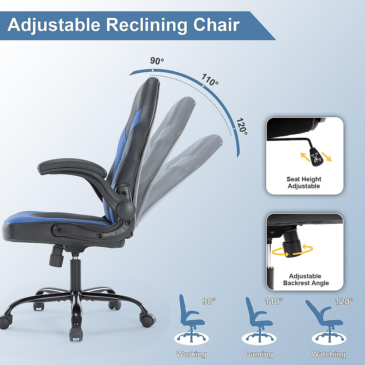 NEWBULIG Ergonomic Computer Gaming Chair with Adjustable High Backrest,Flip-up Armrests and Lumbar Support,PU Leather, Blue