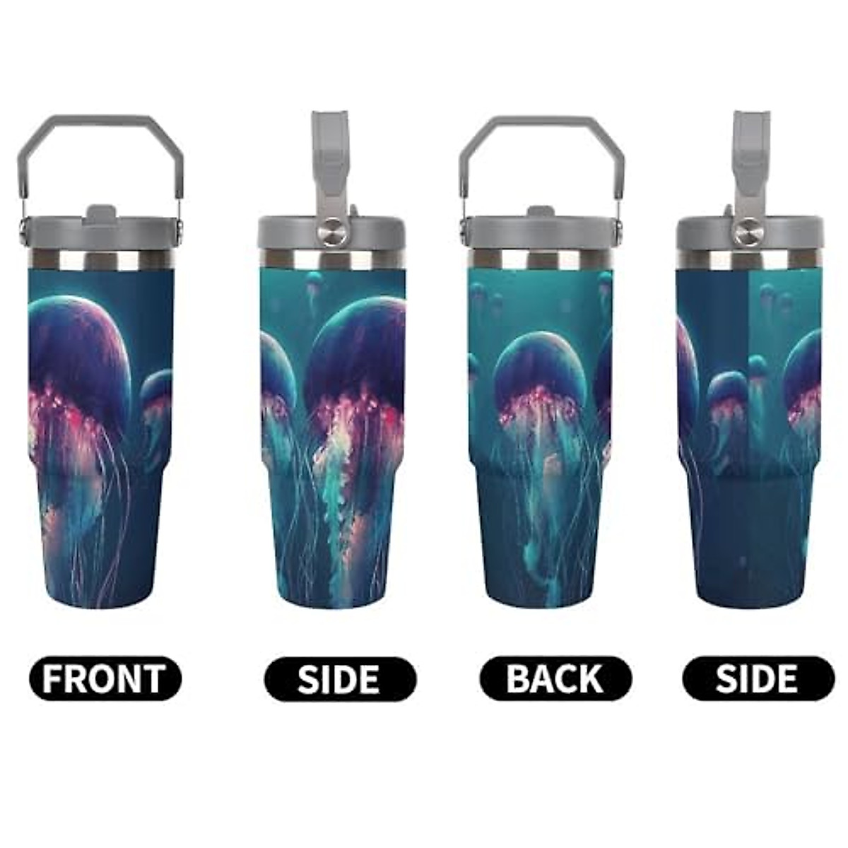 30oz Stainless Steel Insulated Tumbler with Flip Lid & Straw, Leakproof Travel Mug for Car, Color Jellyfish Double Wall Vacuum Thermal Coffee Cup with Handle, Spill-Proof Design for Hot/Cold Drinks