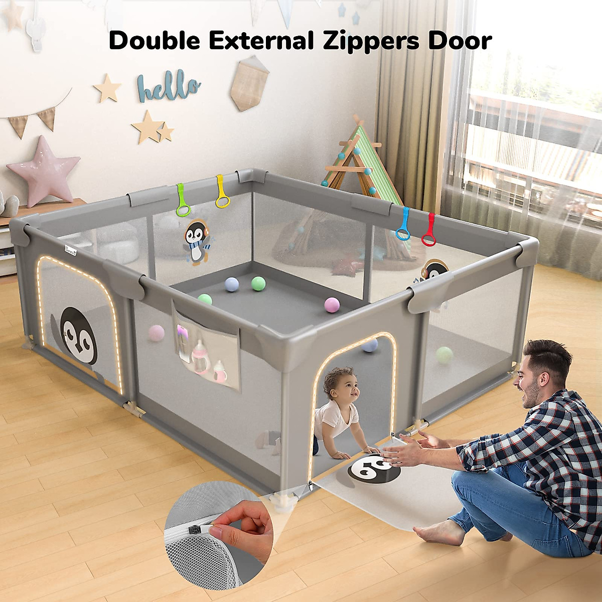 Baby Playpen for Babies and Toddlers, 71 x 59 inch Extra Large Baby Fence with Unique Little Penguin Character Design, Li'l Pengyu Soft Breathable Mesh Baby Playard for Indoor & Outdoor