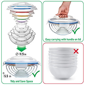 dokaworld Glass Mixing Bowls - Nesting Bowls - Space-Saving Glass Bowls with Lids Food Storage - Set of 5 Stackable Microwave Glass Containers - Storage Bowls with Lids Bpa Free - Bowls for Cooking