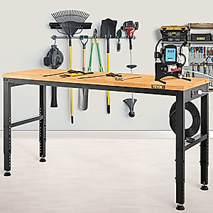 VEVOR Adjustable Workbench, 48" L X 20" W Garage Table w/ 28.3" - 38.1" Heights & 2000 LBS Load Capacity, with Power Outlets & Hardwood Top & Metal Frame & Foot Pads, for Office Home Garage