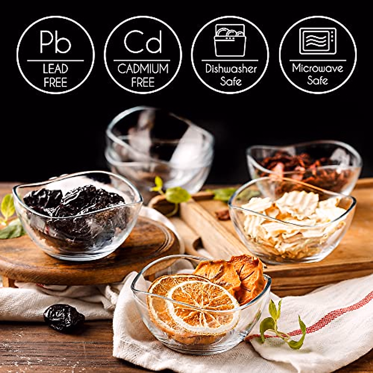 Volarium Small Glass Bowls for Soups, Snacks, Side Dishes, Fruit Salads, Yogurt Parfaits, Trifle, Oatmeal, Cereal with Milk, Yogurt, Desserts, and Nuts, Set of 6 (7 1/4oz)