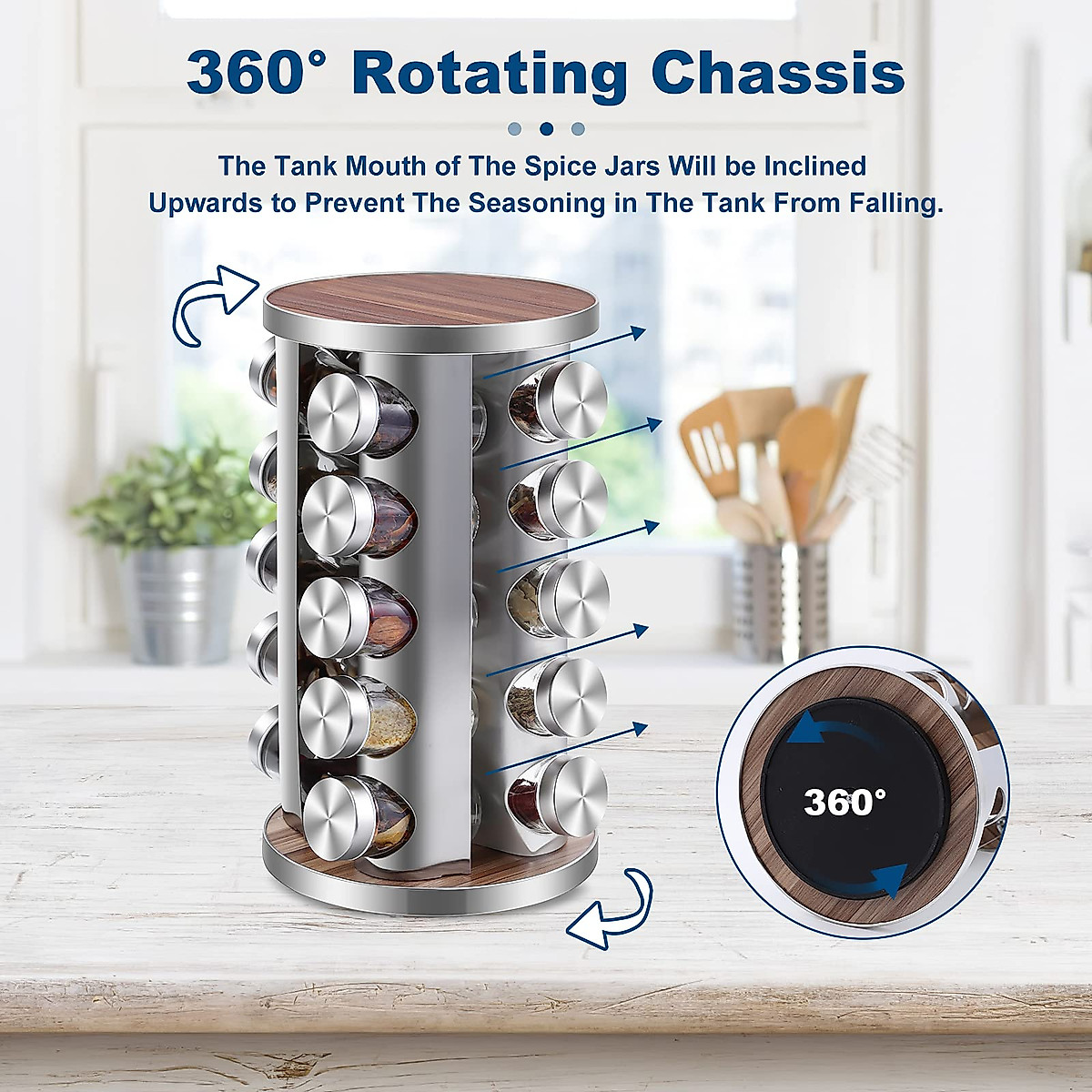 Rotating Spice Rack Organizer for Cabinet, 20 Jars Revolving Seasoning Organizer for Kitchen, Stainless Steel Spice Tower for Countertop with Reuseable Labels and Funnel