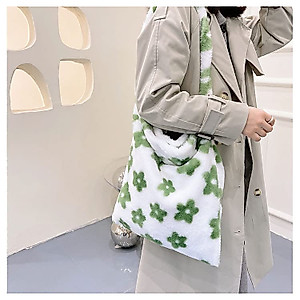 Fluffy Tote Bag Y2K Fuzzy Hobo Bag Purse Plush Furry Aesthetic Shoulder Bag for Autumn Winter (Green-Flower)