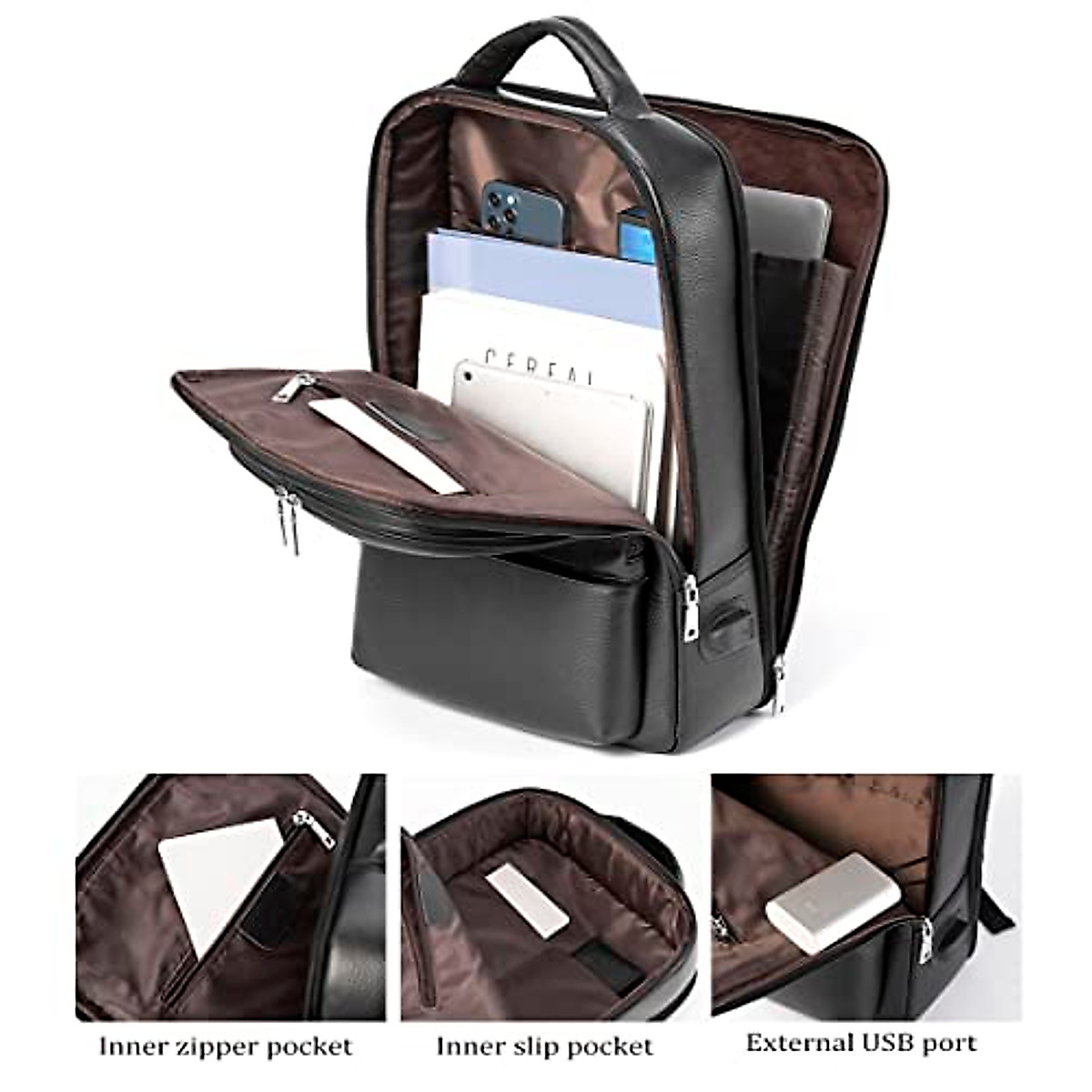 Womleys 15.6 Inch Genuine Leather Laptop Backpack for Men Women, Business Travel Backpack Hiking Rucksack Daypack (4#Black)