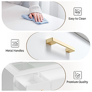 WAYES 43.3" Clear Glass Top Makeup Vanity Desk Set with LED Mirror, Charging Station, and Storage Stool, Modern, White