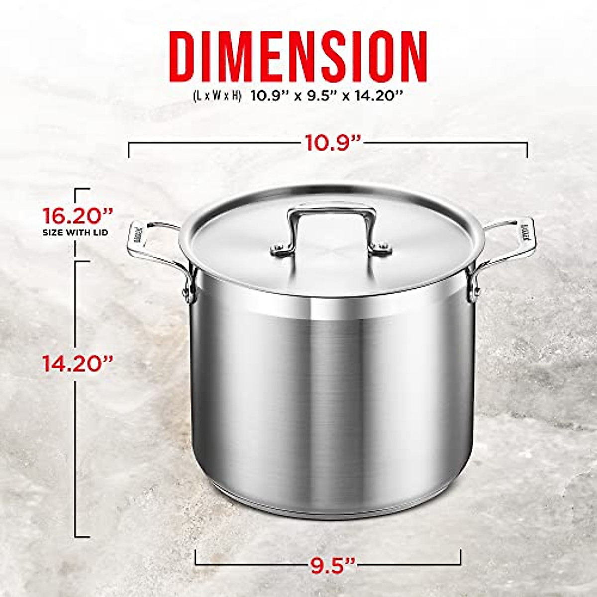 Stockpot – 12 Quart – Brushed Stainless Steel – Heavy Duty Induction Pot with Lid and Riveted Handles – For Soup, Seafood, Stock, Canning and for Catering for Large Groups and Events by BAKKEN
