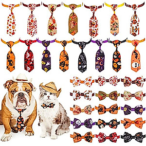 30 Pieces Fall Halloween Pet Tie Set Pumpkin Maple Leaf Dog Neckties Thanksgiving Turkey Cat Dog Bow Tie with Adjustable Collar for Pets Dogs Cats Fall Thanksgiving Halloween Party Supplies