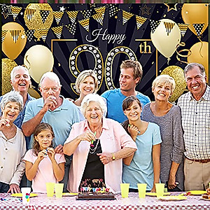 Happy 90th Birthday Backdrop Banner Extra Large Black and Gold 90th Birthday Photo Booth Backdrop Photography Background Happy 90th Birthday Party Decorations for Women and Men, 72.8 x 43.3 Inch