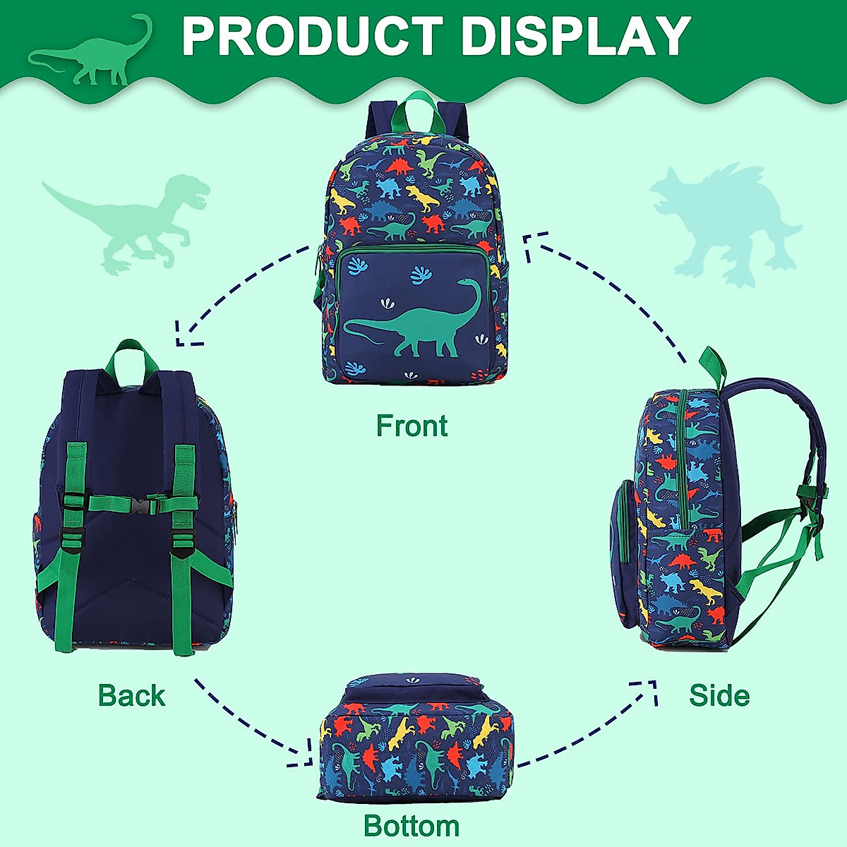 RAVUO Dinosaur Backpack, Water Resistant Cute Lightweight Small Backpack for Little Kids Boys Kindergarten Preschool Bookbag Toddler Backpack with Chest Strap
