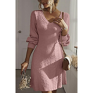Dokotoo Spring Dresses for Women 2025 Trendy Wear to Work Dresses Business Casual Outfits Spring Long Sleeve Dress V Neck Knit Ribbed A Line Sweater Dres Womens Dresses Wedding Gusest Dresses Pink M