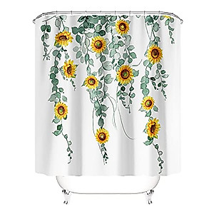 Mightree Shower Curtain Set of 4, Waterproof Fabric Bathroom Curtain with 12 Hooks, Toilet Lid Cover and Bath Mat, Non-Slip Rug Foot Mat, Sunflowers, Medium