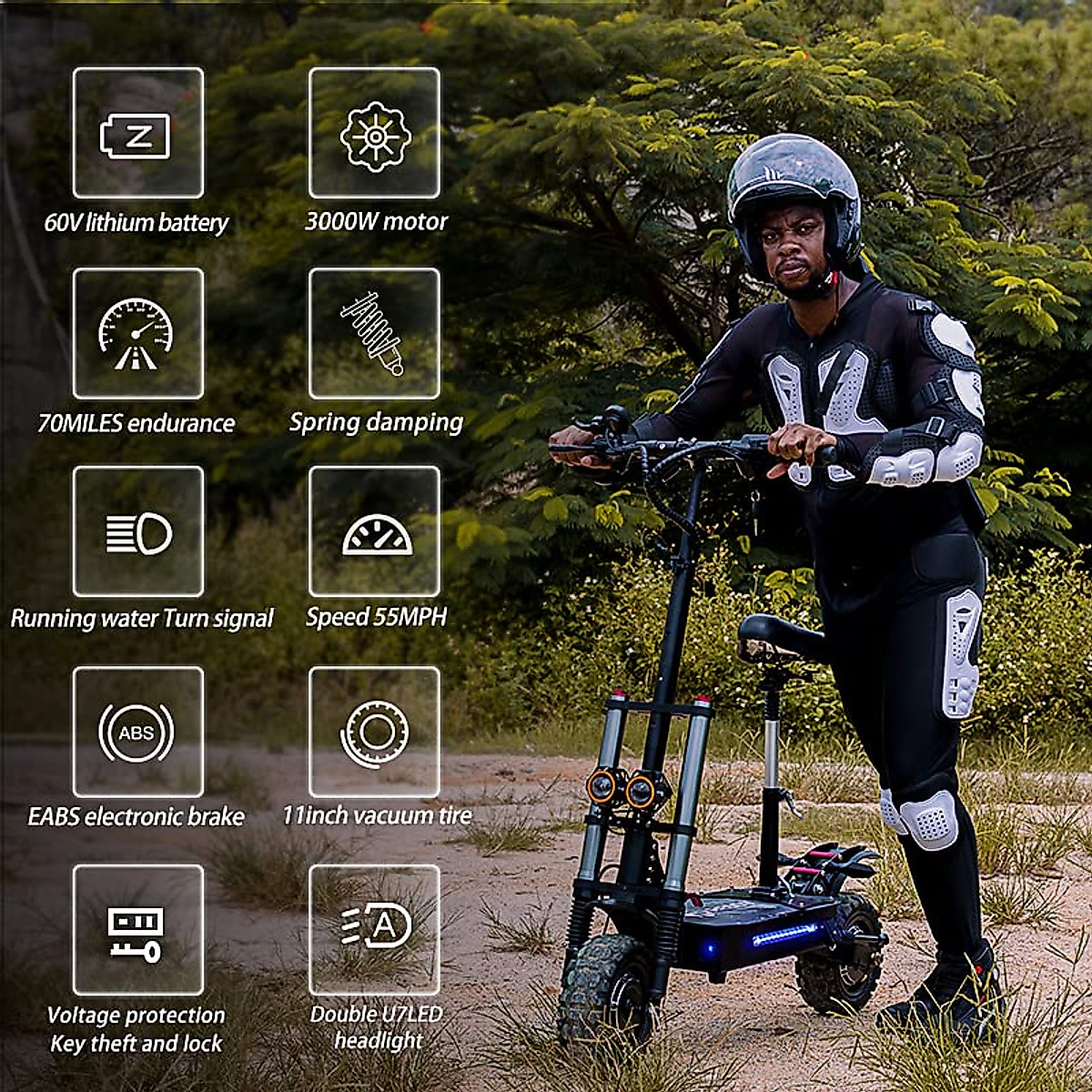 REDDYDY Adult Electric Scooter, Max Speed 55MPH,Total Power 6000W, 75mile Long Range Battery, 60V Dual Drive, 11-inch Wheels, Portable Foldable, Off Road (60V38AH 70-75 Mile Range)