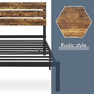 Yaheetech Twin Bed Frames Metal Bed with Modern Rustic Wooden Headboard, No Box Spring Needed/12'' Underbed Storage/Easy Assembly, Brown Twin Bed