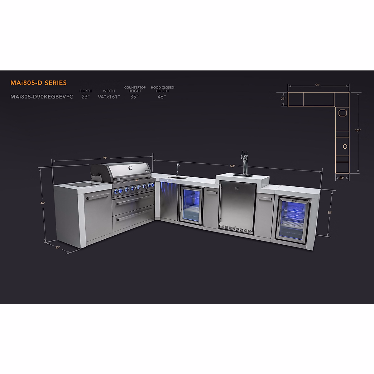 Mont Alpi MAi805-D90KEGBEVFC 44-inch 6-Burner 115000 BTU 90 Degree Deluxe Stainless Steel Gas Outdoor Kitchen Island Grill + Compact Refrigerator + 3 Beer Tap Keg Dispenser + Rotisserie Kit + Storage