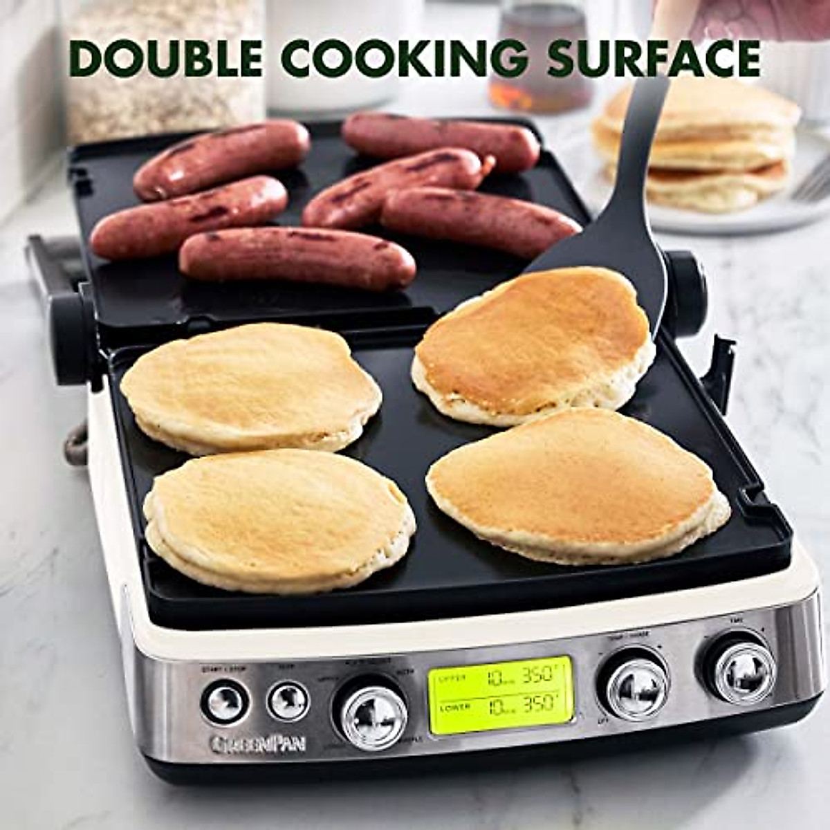 GreenPan Elite 7-in-1 Multi-Function Contact Grill & Griddle, Healthy Ceramic Nonstick Aluminum, Grill & Waffle Plates, Adjustable Shade & Shear, Closed Press/Open Flat Surface, PFAS-Free, Cream White