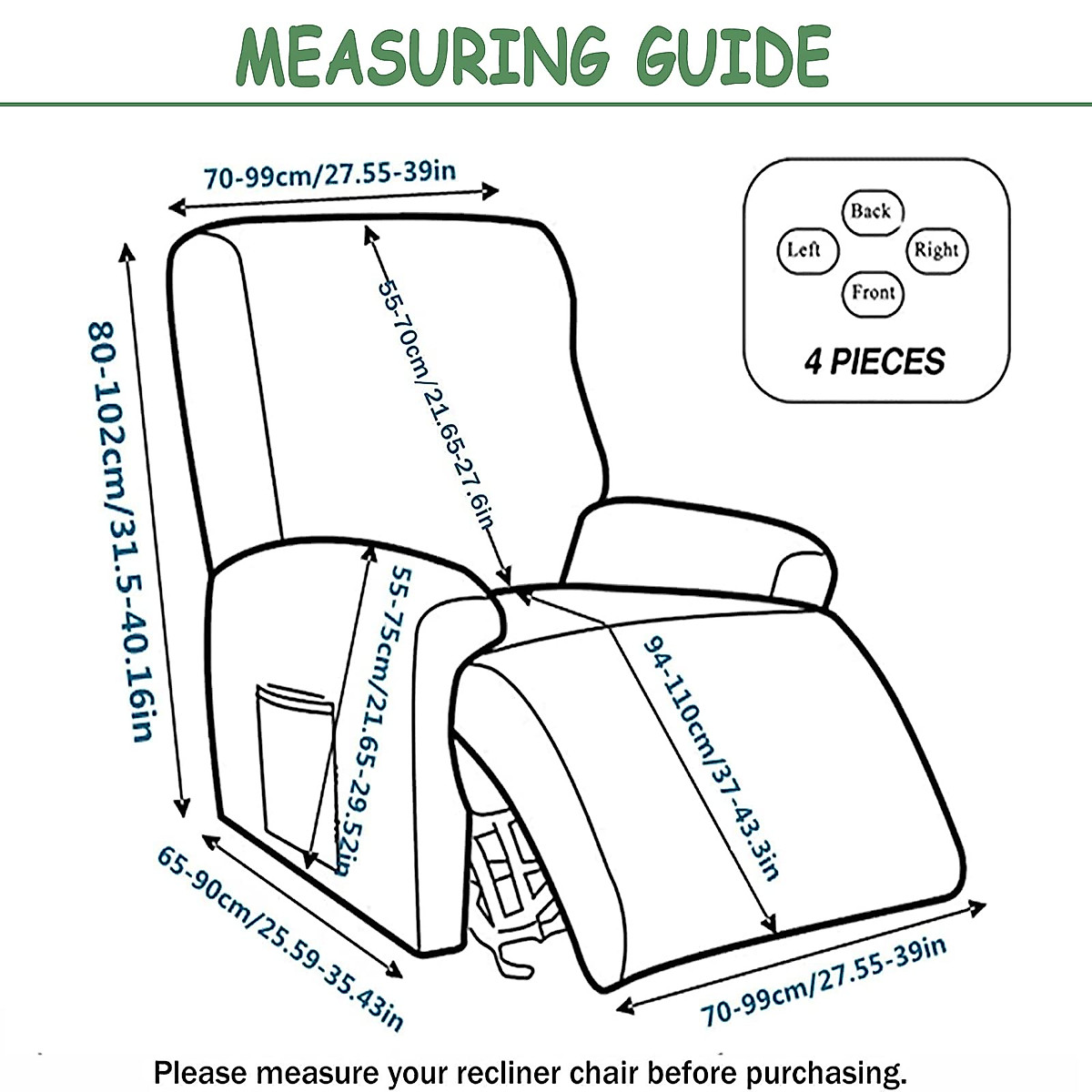 HAOYONG Recliner Slipcovers Stretch Lazyboy Recliner Cover 4 Pieces Covers for Recliners 1 Seat Recliner Couch Covers with Side Pocket Furniture Protector for Living Room