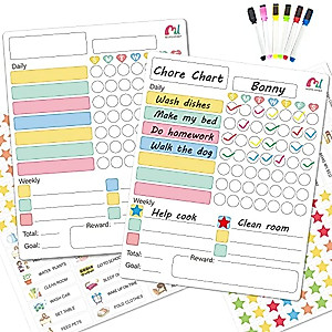 Magnetic Chore Chart 2 Pcs Dry Erase Behavior Chart, 6 Markers/52 Static Tasks/140 Color Stars, Reward Chart for Multiple Kids, Responsibility Chart for Refrigerator Chore Board for Teenagers Toddlers