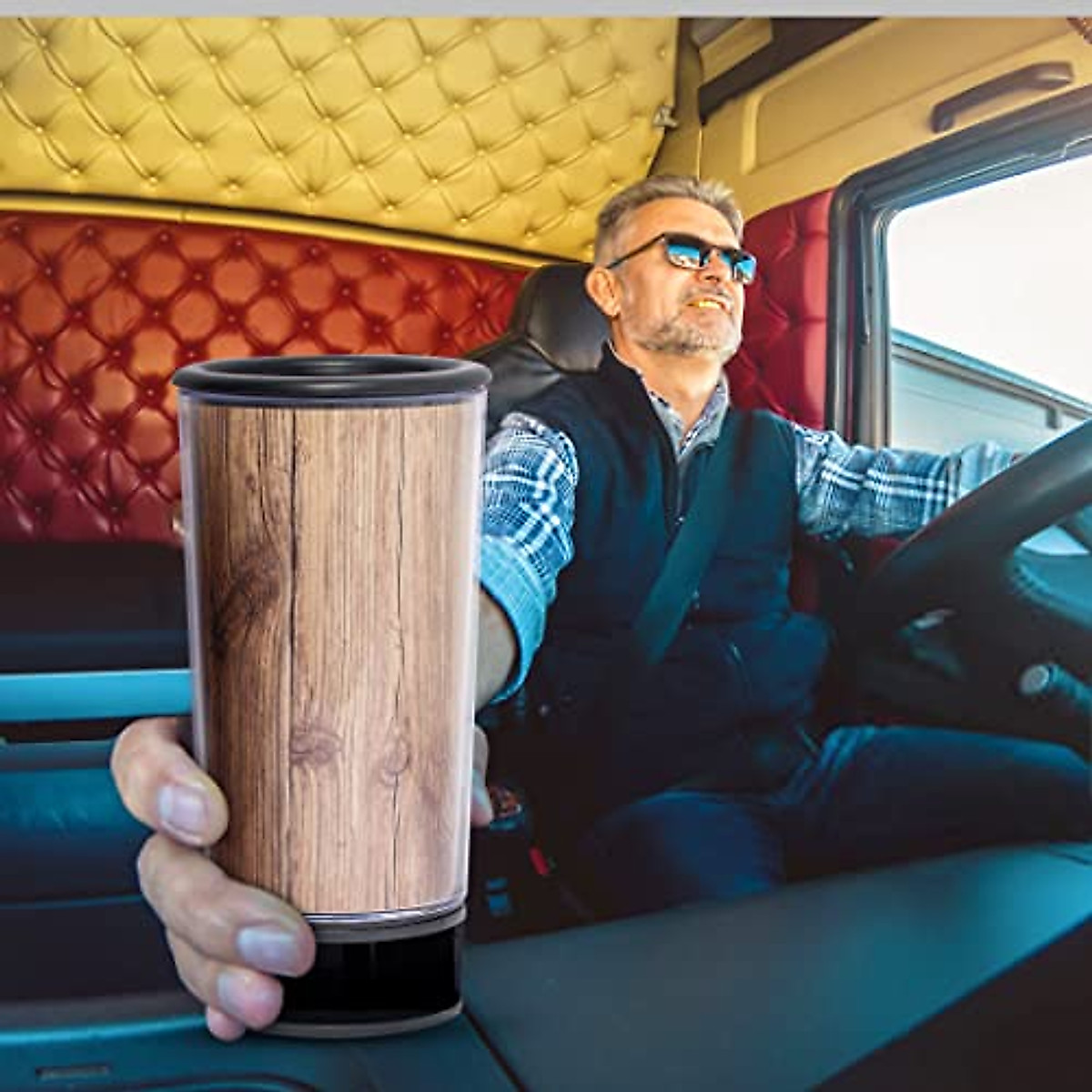 Wood Grain by Spit Bud - The Ultimate Spittoon for Chew - Portable Dip & Snuff Cup with Lid, Pop Tab, Spill-Proof Funnel, Can Cutter & Holder - Fit in Cup Holders - Holds 8oz - Made in USA