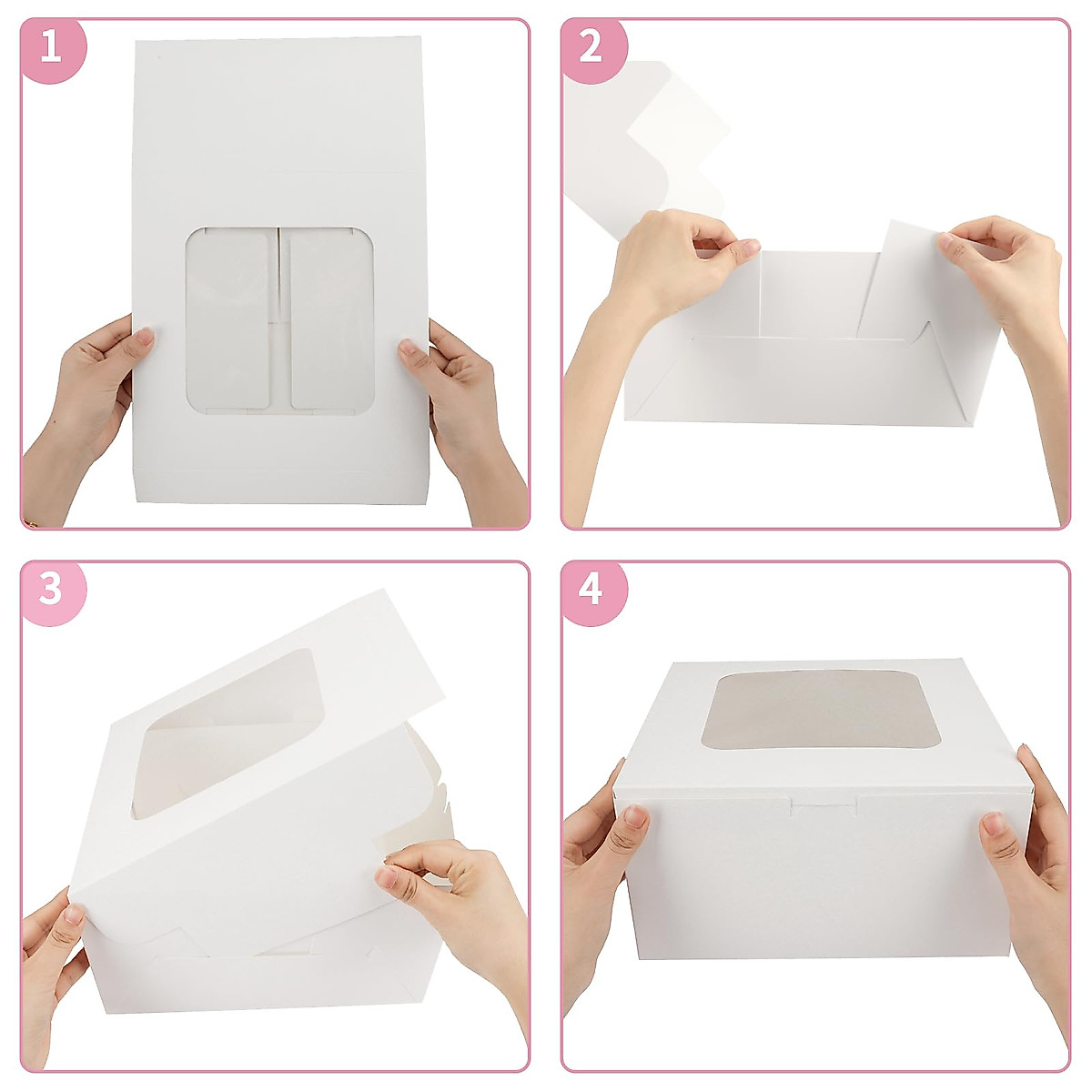 Moretoes 24pcs Cake Boxes, 10x10x5 Inches White Square Bakery Boxes with Window Cajas Pasteles for Cake, Valentine's Day, Pastries, Chocolates, Cookies, Pie, Birthday Party, Wedding, Easter