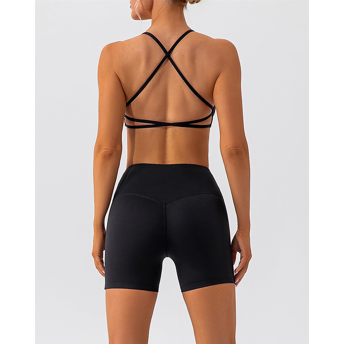 ABOCIW Workout Sets for Women Sexy Twist Front Cross Cross Back Sports Bra High Waist Biker Shorts 2 Piece Gym Yoga Outfits W-Black Medium