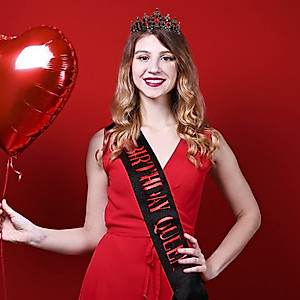 CAVETEE Red Black Birthday Crown and Sash for Women Sash &amp; Rhinestone Tiara Set Red and Black Party Decorations Birthday Queen Crowns Tiaras for Women
