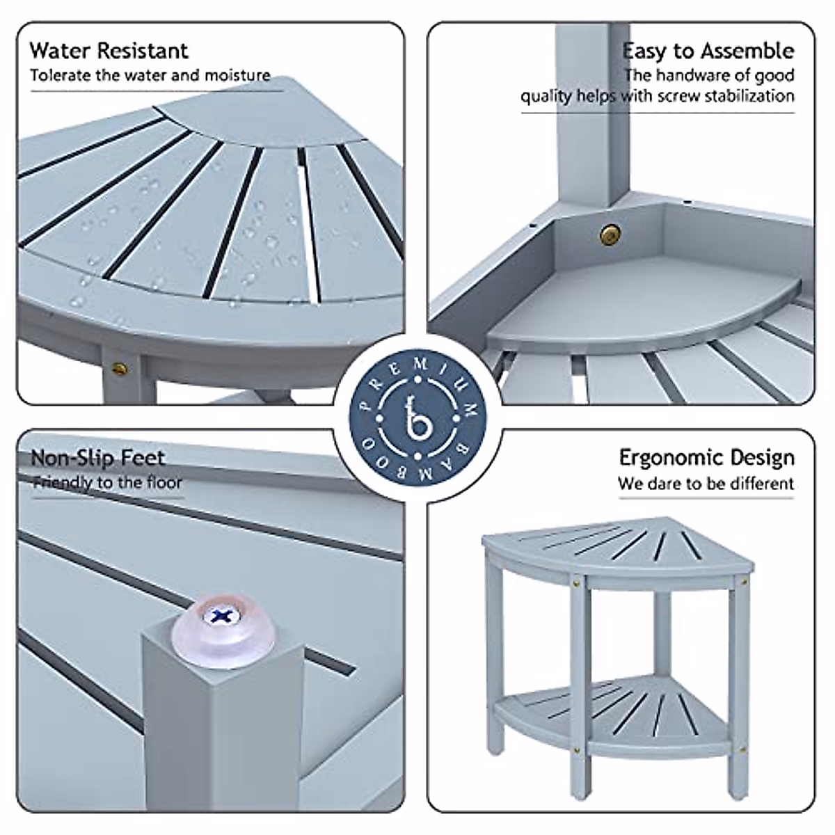 Bamfan Bamboo Corner Shower Bench Waterproof Stool with Space-Efficient Storage Shelf - Shower Stool Seat for Indoor or Outdoor Use(Bluish Grey)
