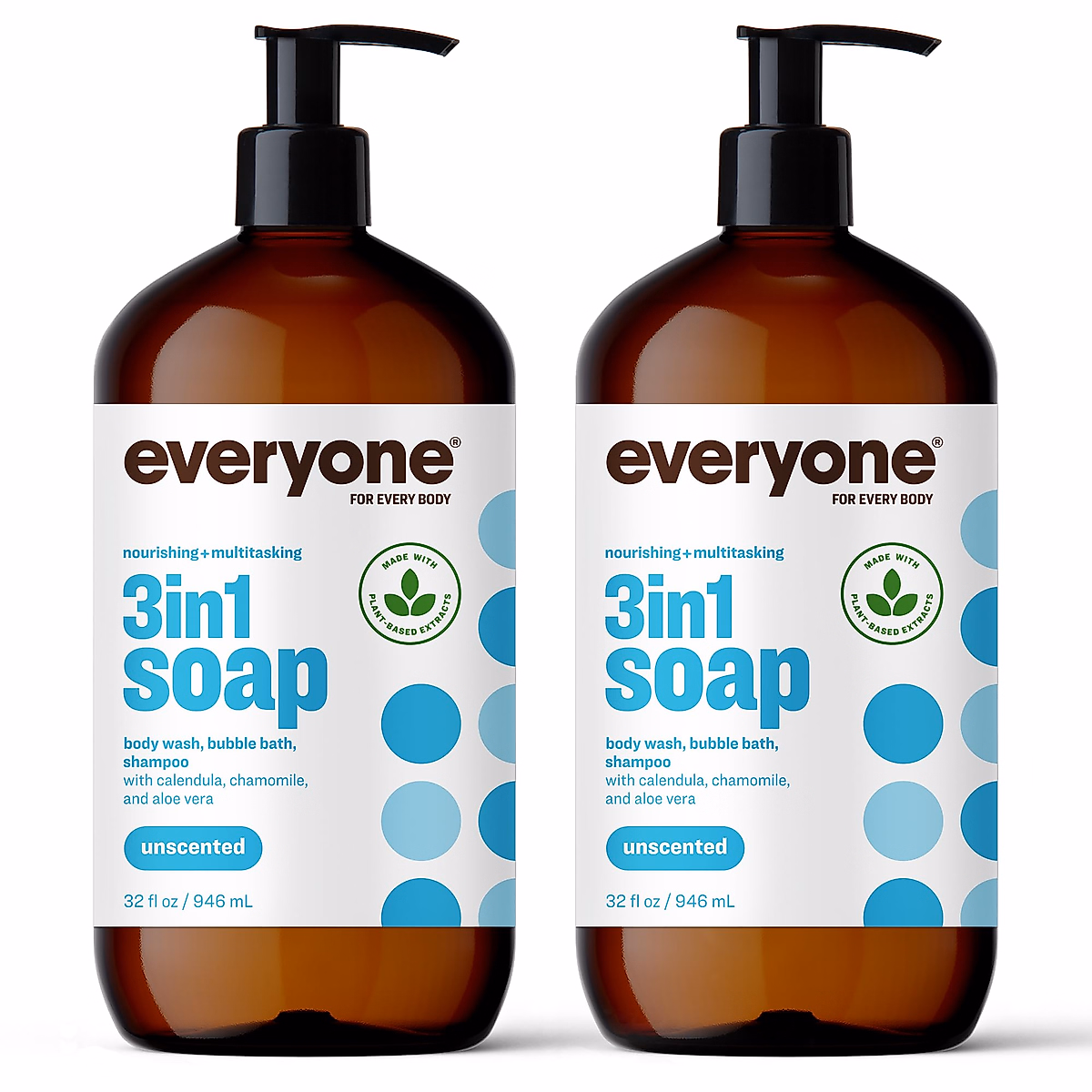 Everyone 3-in-1 Soap, Body Wash, Bubble Bath, Shampoo, 32 Ounce (Pack of 2), Unscented, Coconut Cleanser with Plant Extracts and Pure Essential Oils