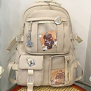 YOUNE Kawaii Backpack, with Kawaii Pin and Cute Accessories Backpack Cute Aesthetic Backpack for School Capacity Rucksack, Beige