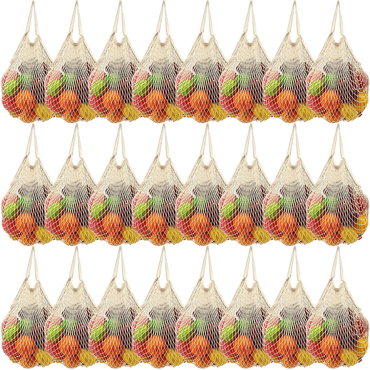 Woanger 24 Pcs Reusable Cotton Mesh Produce Shopping Bags Washable Grocery Bag Net Portable Fruit and Vegetable Bag Cotton String Bags Long Handle Net Tote Organizer (Short Handle)