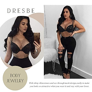 DRESBE Rhinestone Mesh Body Chains Hollow Tank Tops Bikini Crop Top Party Body Jewelry Accessories for Women and Girls (Black-V Neck-L)