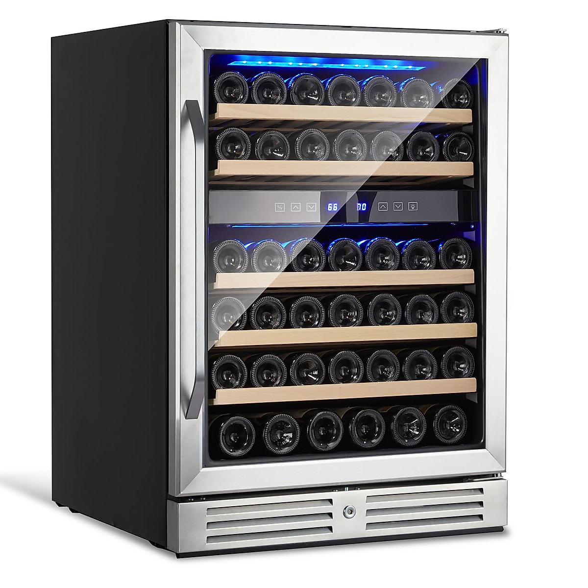 Towallmark 24 Inch Wine Cooler Refrigerator-46 Bottle, Dual Zone Seamless Stainless Steel Built-in Freestanding Wine Fridge, Double-Layer Tempered Glass Door with Lock, Under Counter Wine Cellar