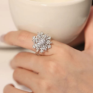 dsmrosp Elegant Rotating Crystal Anxiety Relief Snowflake Ring,Crystal Zircon Snowflake Fidget Spinner Ring,Spinning Enamel Rings,Women'S Adjustable Open Ring Discreet Calming Gift (silver)