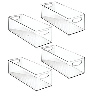 mDesign Plastic Stackable Kitchen Organizer - Storage Bin with Handles for Refrigerator, Freezer, Cabinet, and Pantry Shelves Organization - Food Container - Ligne Collection - 4 Pack - Clear
