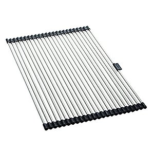 Farberware Roll up Dish Drying Over The Sink Rack Mat with Stainless Steel Wires, Large, Silver/Black