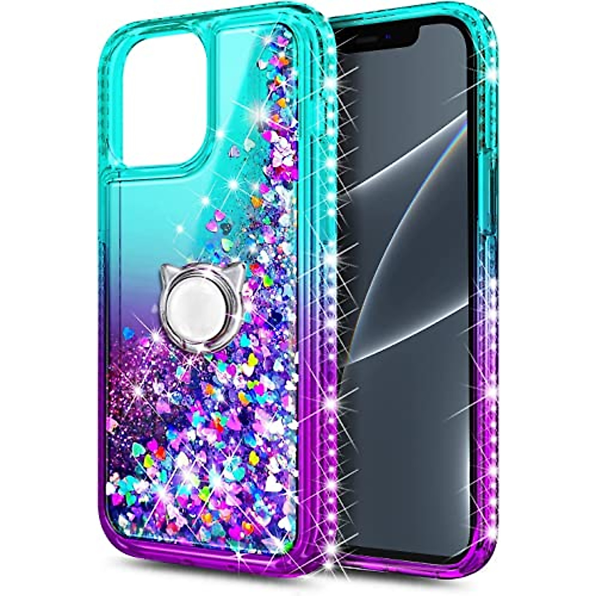 NGB Supremacy Compatible with iPhone 13 Mini Case with Tempered Glass Screen Protector/Ring Holder/Wrist Strap, Girls Women Liquid Bling Sparkle Floating Glitter Cute Phone Case (Aqua/Purple)