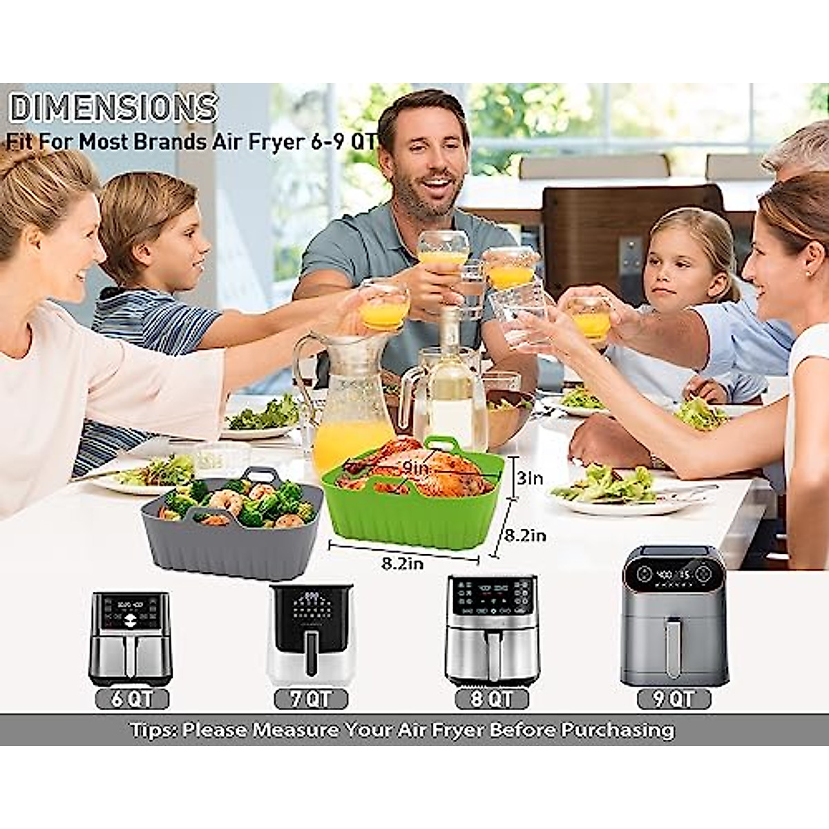 2 PCS Silicone Air Fryer Liners 9 Inch Square Easy Cleaning Air Fryer Silicone Liners for 6-9 QT Frying Basket, Heat Resistant Reusable Ninja Air Fryer Accessories (Grey+Green)