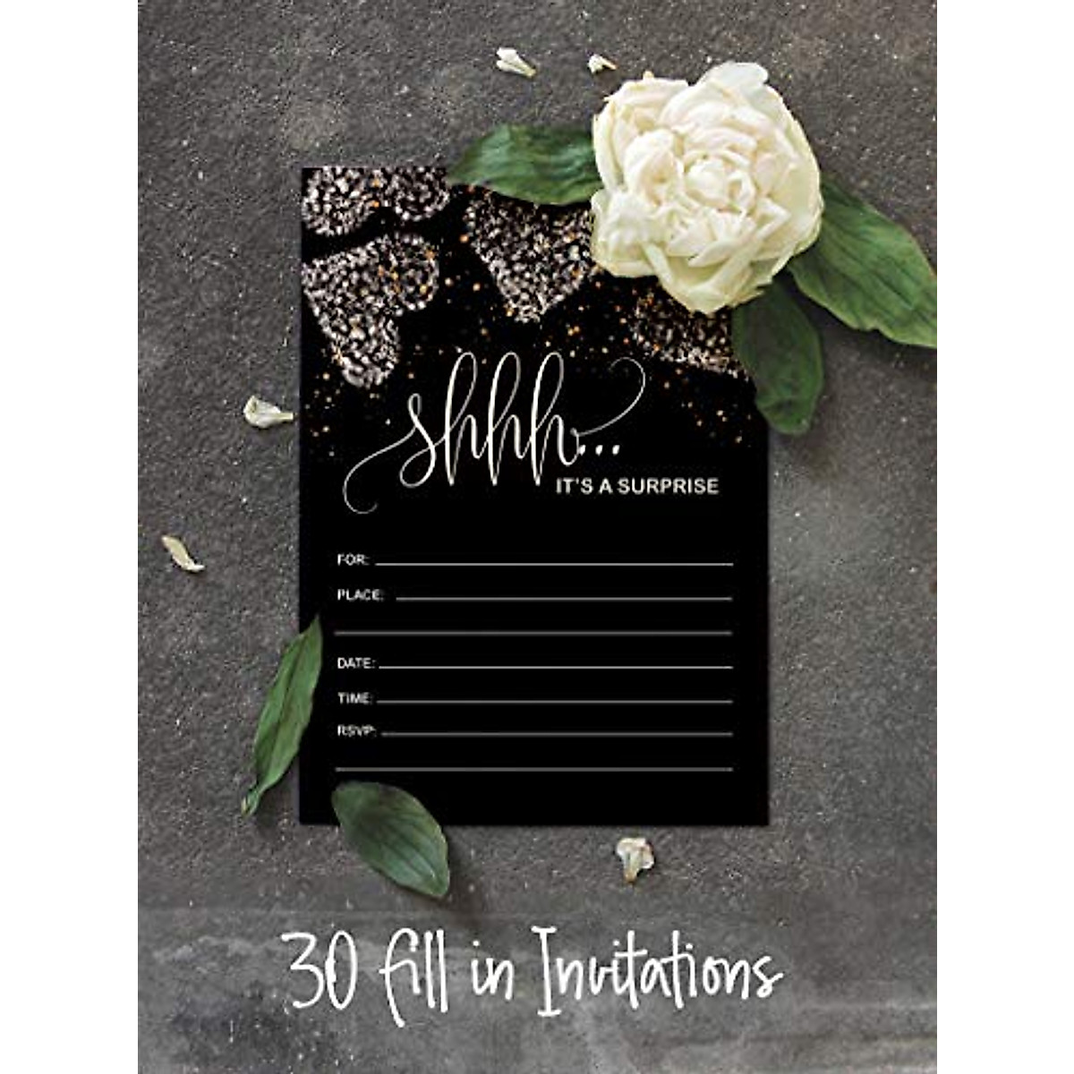 Inkdotpot Pack of 30 Surprise Party Birthday Invitations with Envelopes, Black Retirement Party, Bridal Shower, Baby Shower Fill in Style Invites