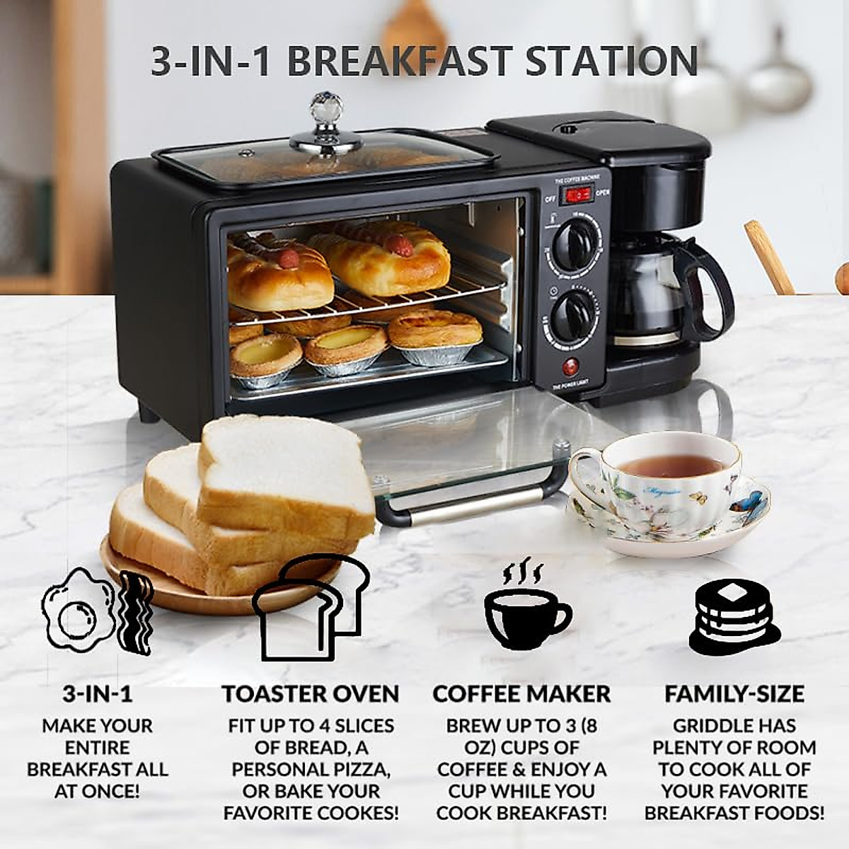 BYHIP 3-in-1 Breakfast Station - Includes Coffee Maker, Non-Stick Griddle, and 4-Slice Toaster Oven - Versatile Breakfast Maker with Timer Suitable for Kitchenettes/Apartments/Dormitories- Black