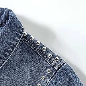 Women's Fashion Cropped Jean Jacket Lapel Long Sleeve Button Down Studded Short Rivet Denim Jacket Coat