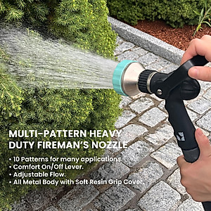 Heavy Duty Metal 10 Pattern Fireman’s Hose Nozzle 500003 with Lever Control and Comfort Grip by New England Garden Tools for Cleaning, Watering Plants & Yards, Washing Cars & Livestock