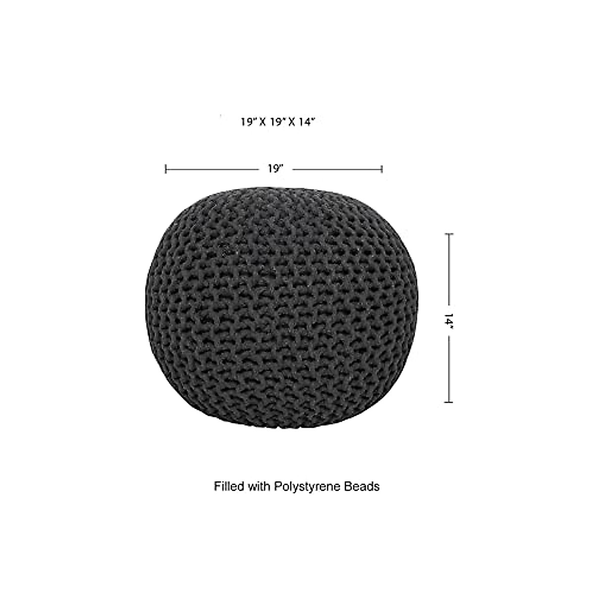 REDEARTH Round Pouf Foot Stool Ottoman - Hand Knitted Bean Bag - Cord Boho Pouffe - Cable Poof Footrest for Living Room - Nursery - Bedroom - Patio - 100% Cotton - Home Decor (19" x 19" x 14") - Black